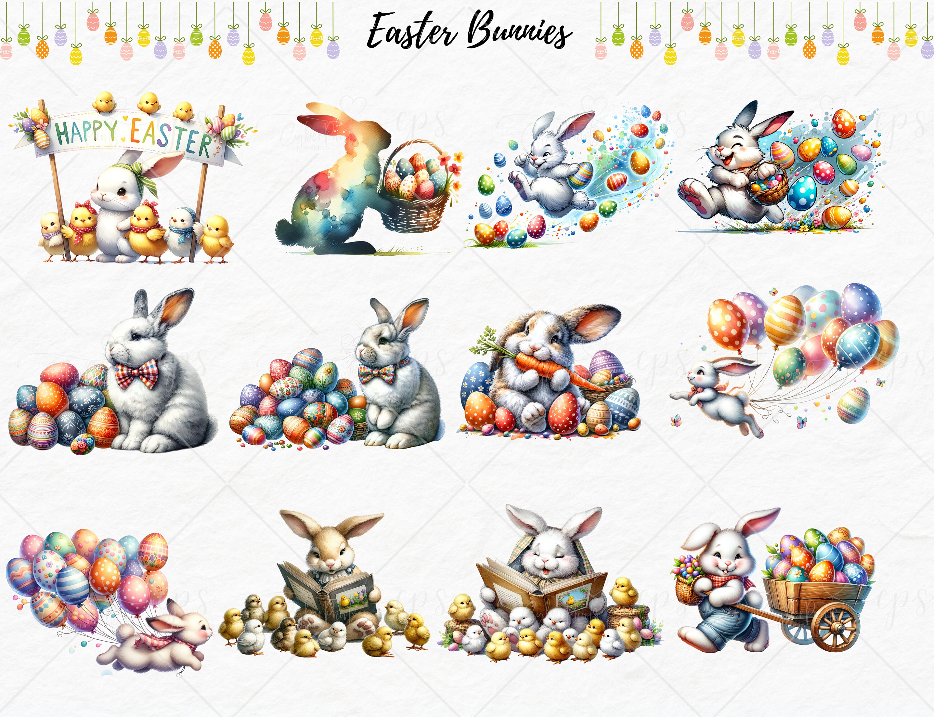 Easter Watercolor Clipart Bundle, PNG Easter Bunny Images, Cute Spring ...