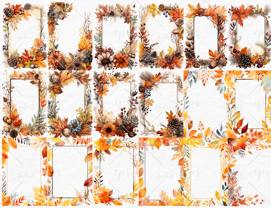 Autumn Frames Watercolor Clipart Bundle PNG Fall Flowers Frame - Etsy