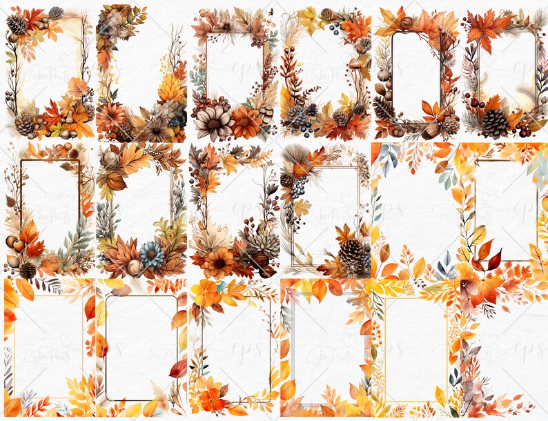 Autumn Frames Watercolor Clipart Bundle PNG Fall Flowers Frame Images ...