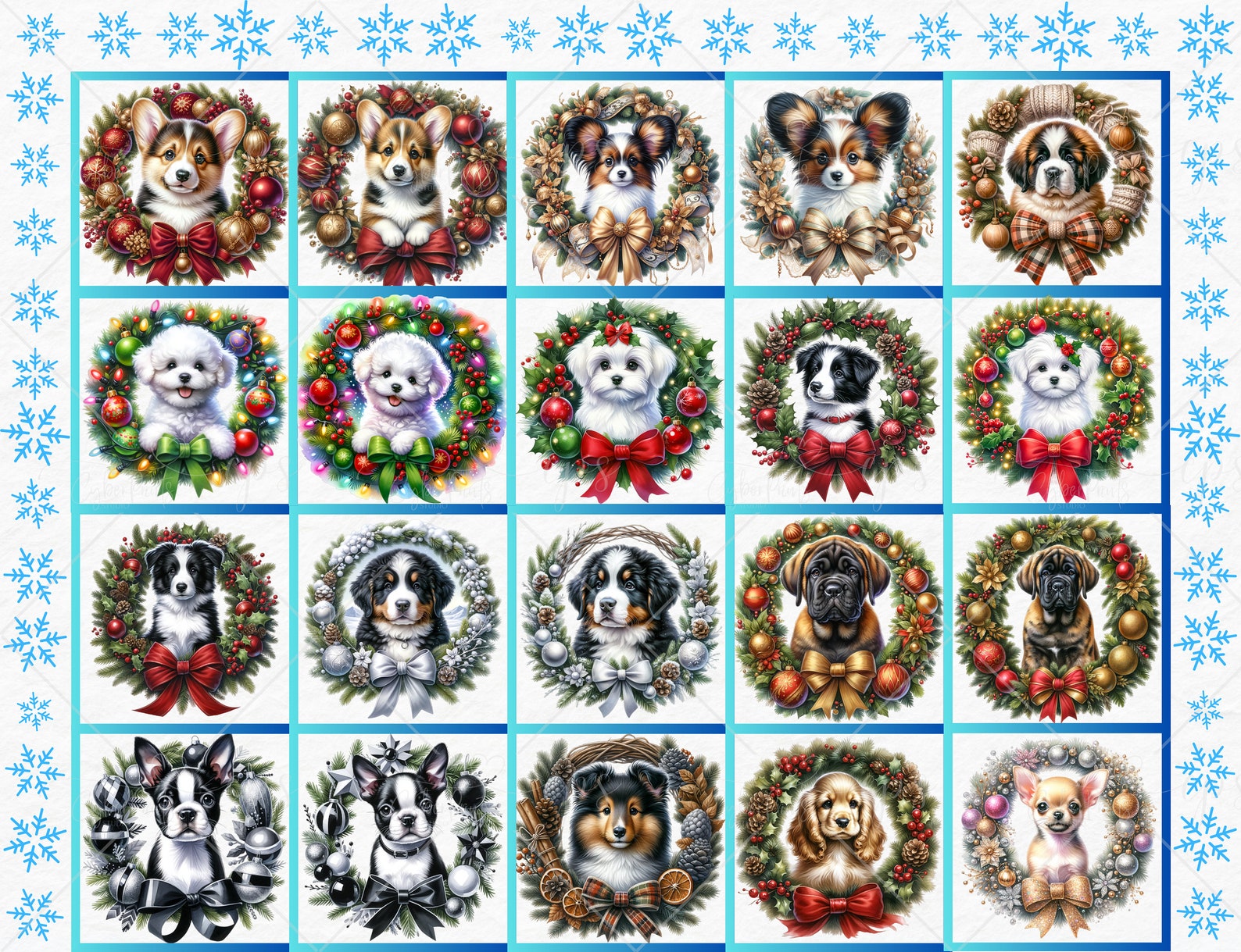Christmas Puppy Wreaths Watercolor Dog Clipart Bundle 92 PNG Festive ...