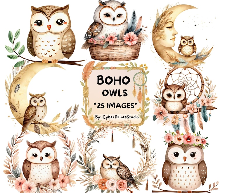 Boho Owl Clipart Bundle - 25 Watercolor PNG Owls With Floral Wreaths ...