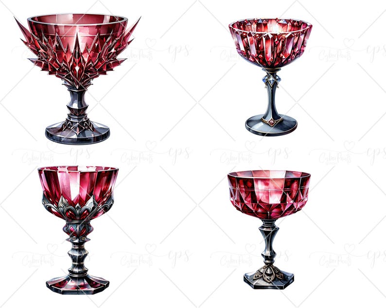 Red Gothic Cups Watercolor Clipart Bundle | 27 PNG Crystal Chalices ...