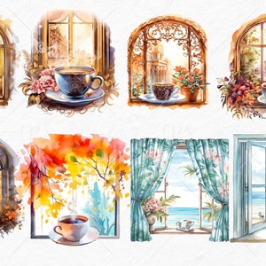 Watercolor Window Coffee Cup, Flowers Coffee, PNG Instant Download ...