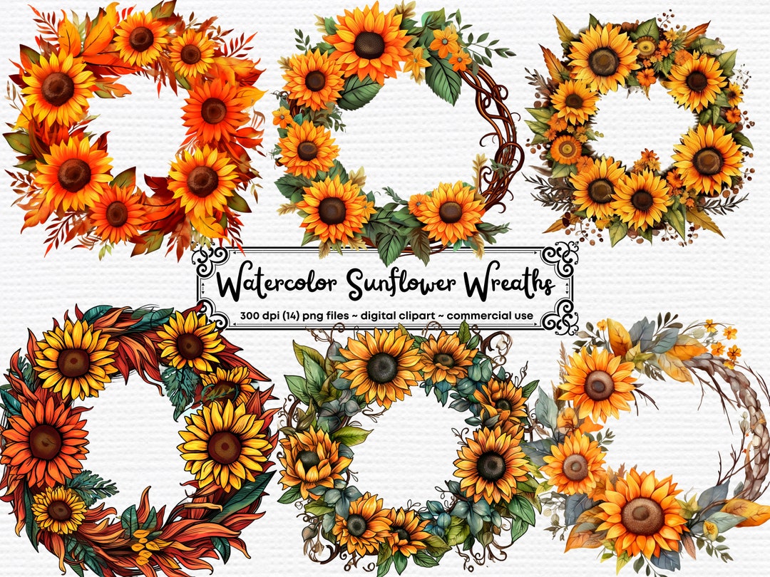 Watercolor Sunflower Wreaths Clipart, Floral Frames, Watercolor Floral ...