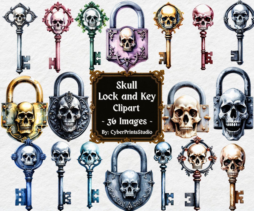 Skull Lock and Key Watercolor Clipart Bundle – Gothic Skeleton Padlocks ...