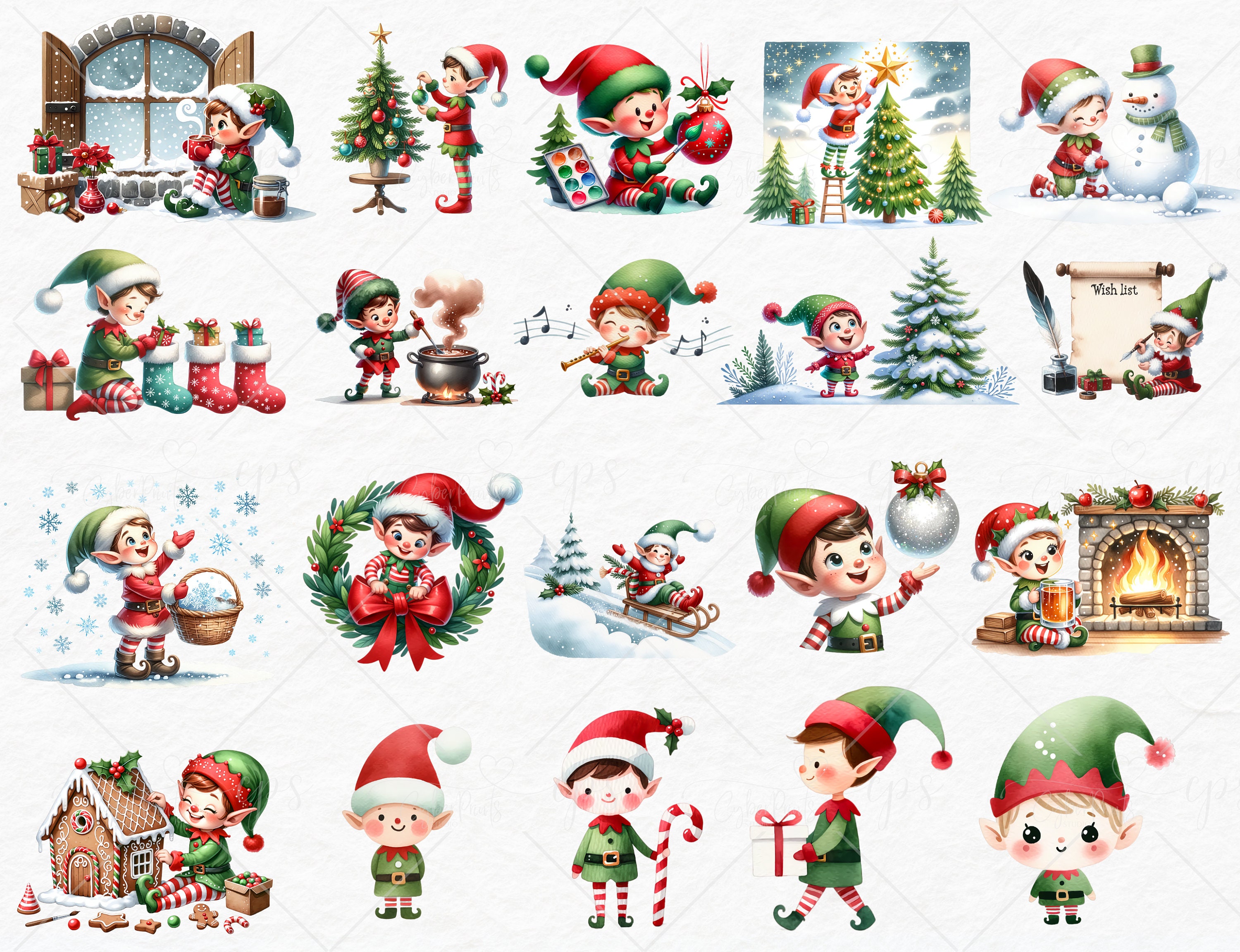 BIG BUNDLE Christmas Elves Watercolor Clipart, Festive Elf Christmas ...