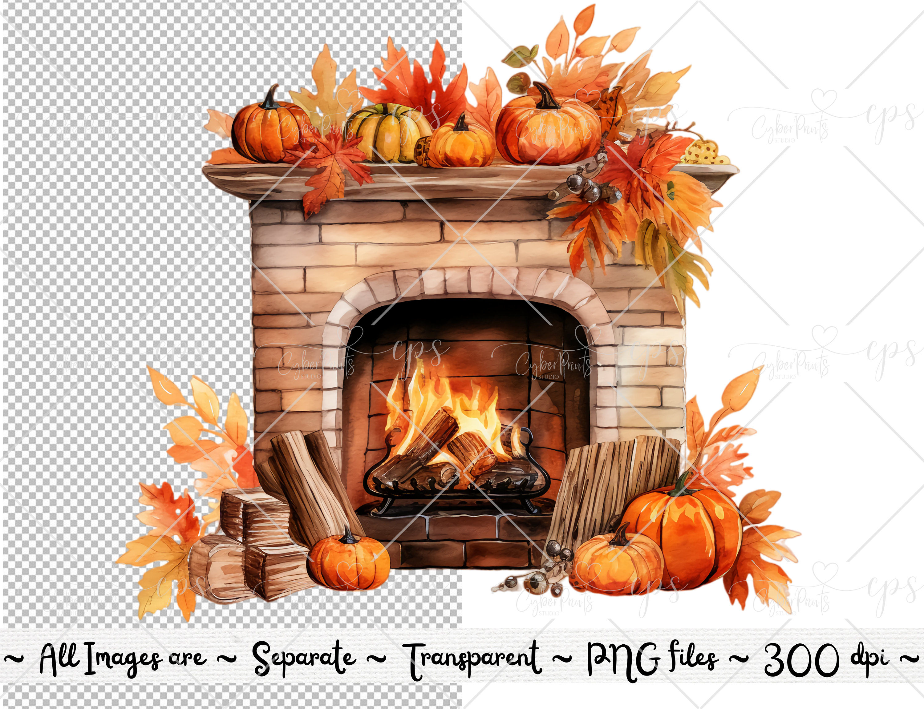Autumn Cozy Fireplace Clipart, Watercolor Clipart, Fall Season ...