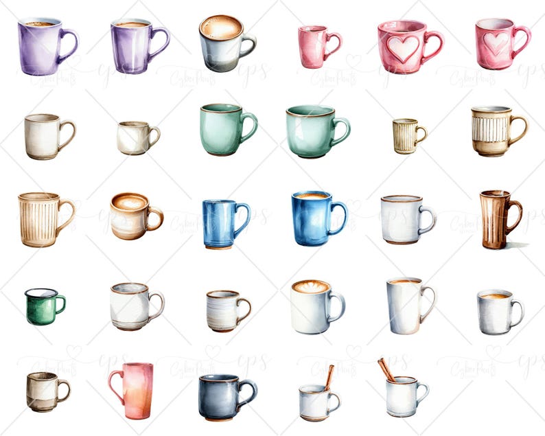 Watercolor Coffee Mug Clipart Bundle - 203 PNG Cozy Cups, Latte Art ...