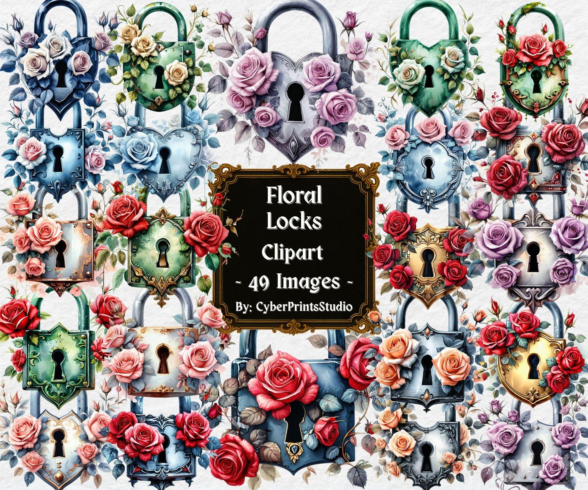 Floral Lock Clipart Bundle - 49 Watercolor Padlock and Rose ...