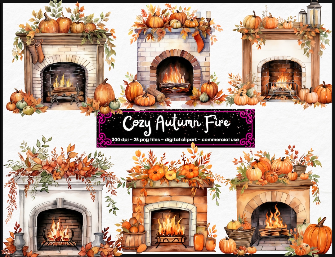 Autumn Cozy Fireplace Clipart, Watercolor Clipart, Fall Season ...