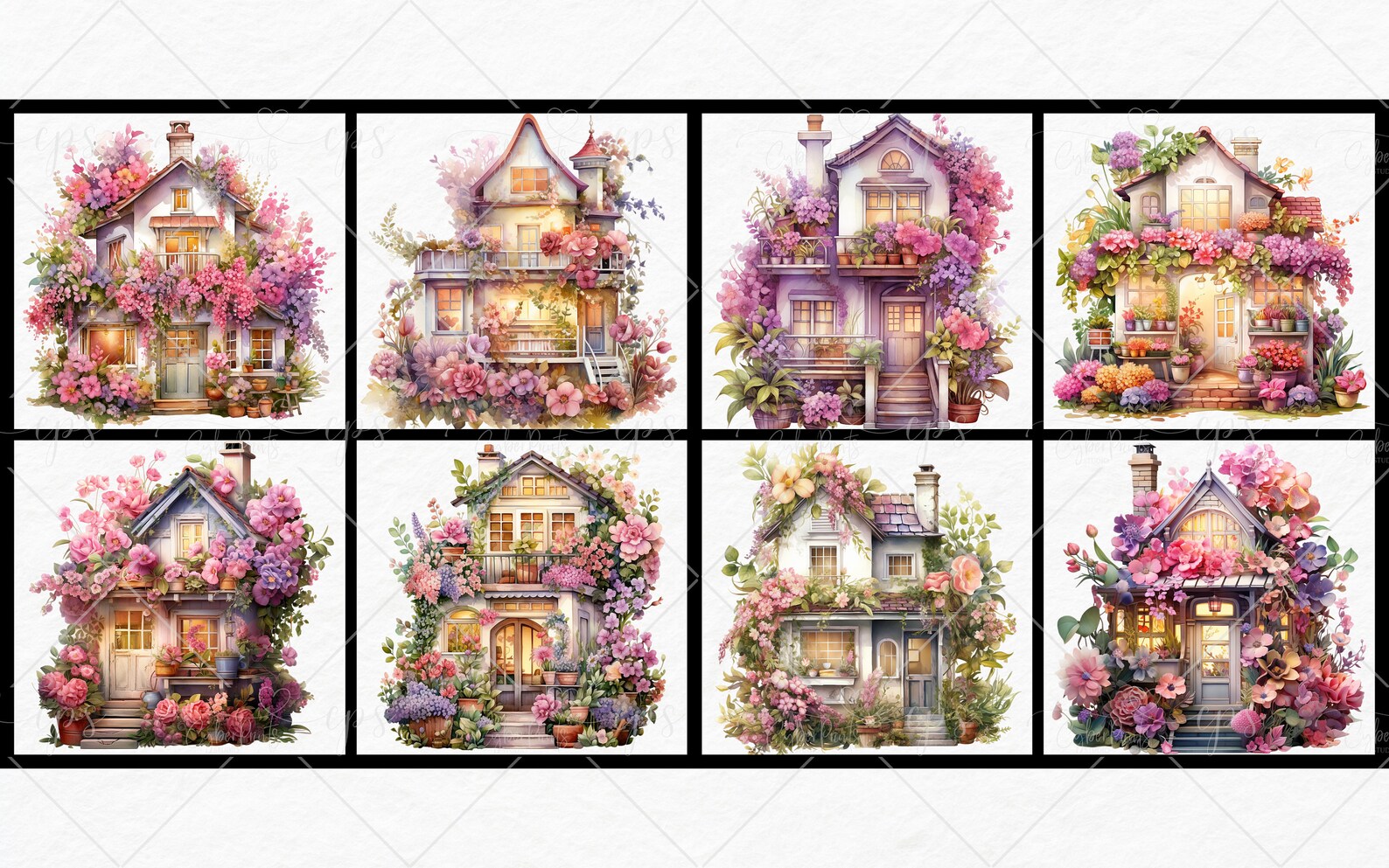 Watercolor Cute Floral Home Clipart Floral Houses, Floral Fantasy House ...