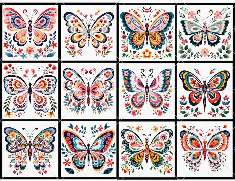 Folk Art Butterfly Clipart Colorful PNG Detailed Floral - Etsy