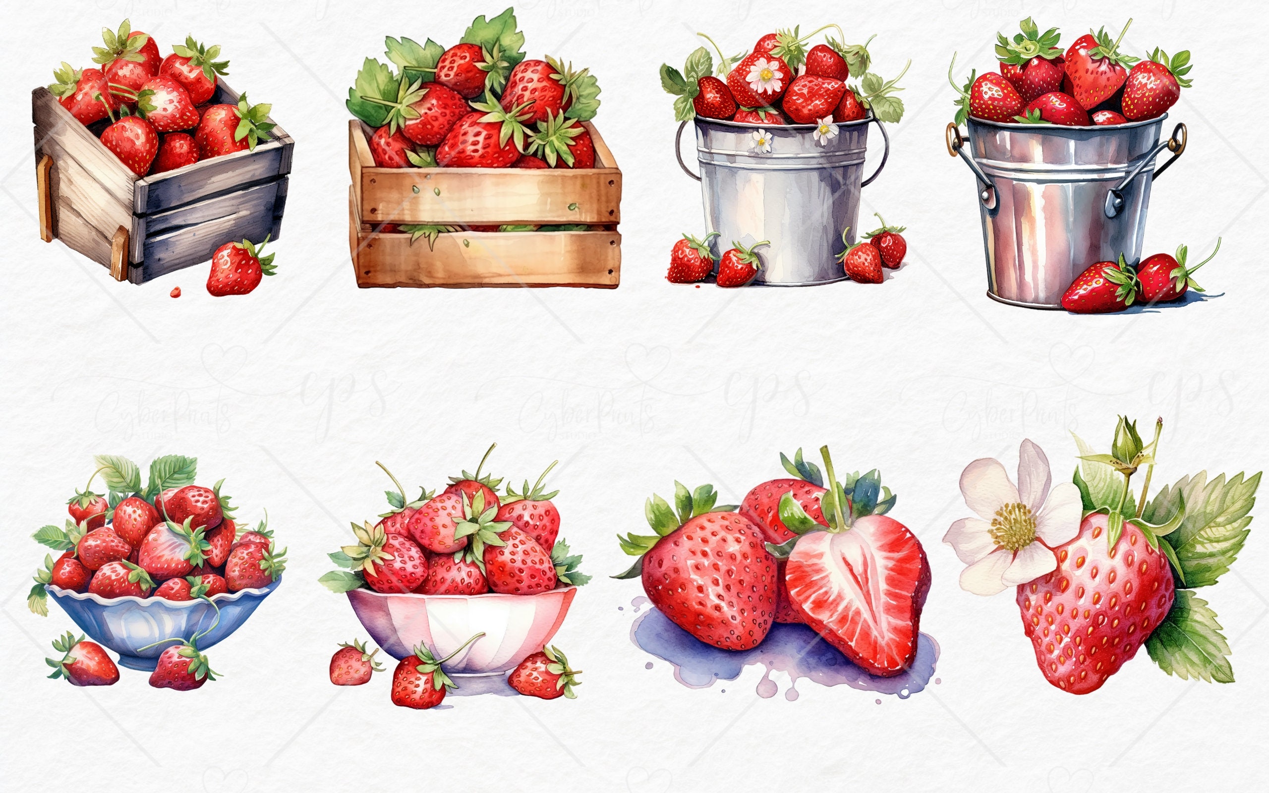 Watercolor Strawberries Clipart Instant Download Commercial - Etsy
