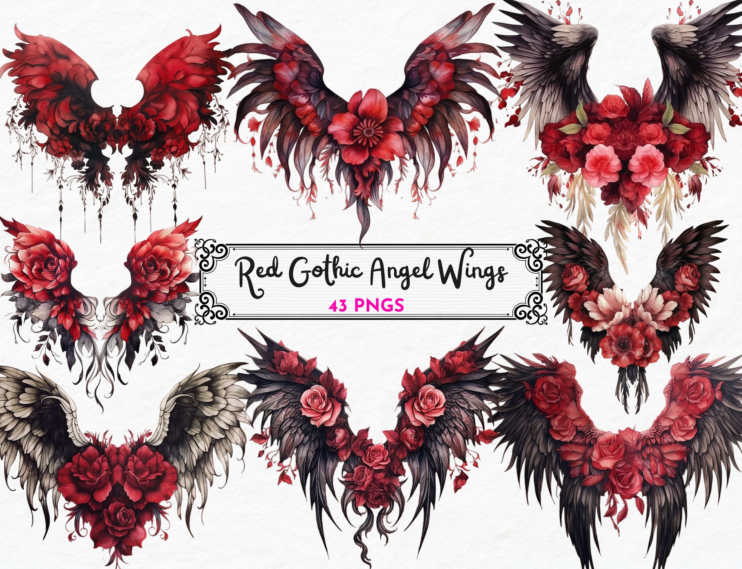 Gothic Floral Angel Wings Clipart, Watercolor Clipart, Feather Wings ...