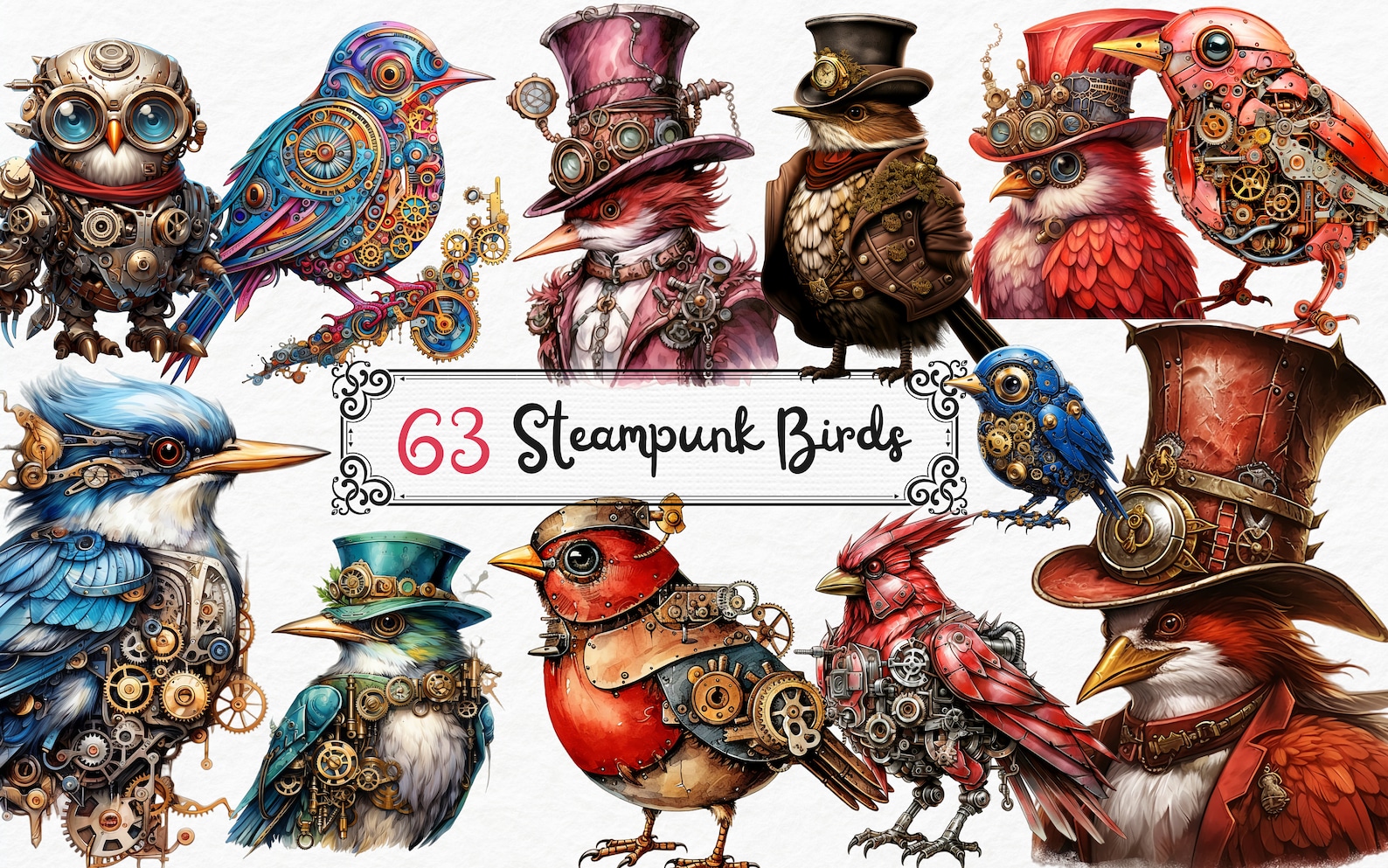 Watercolor Steampunk Birds Clipart Steampunk Clipart PNG - Etsy