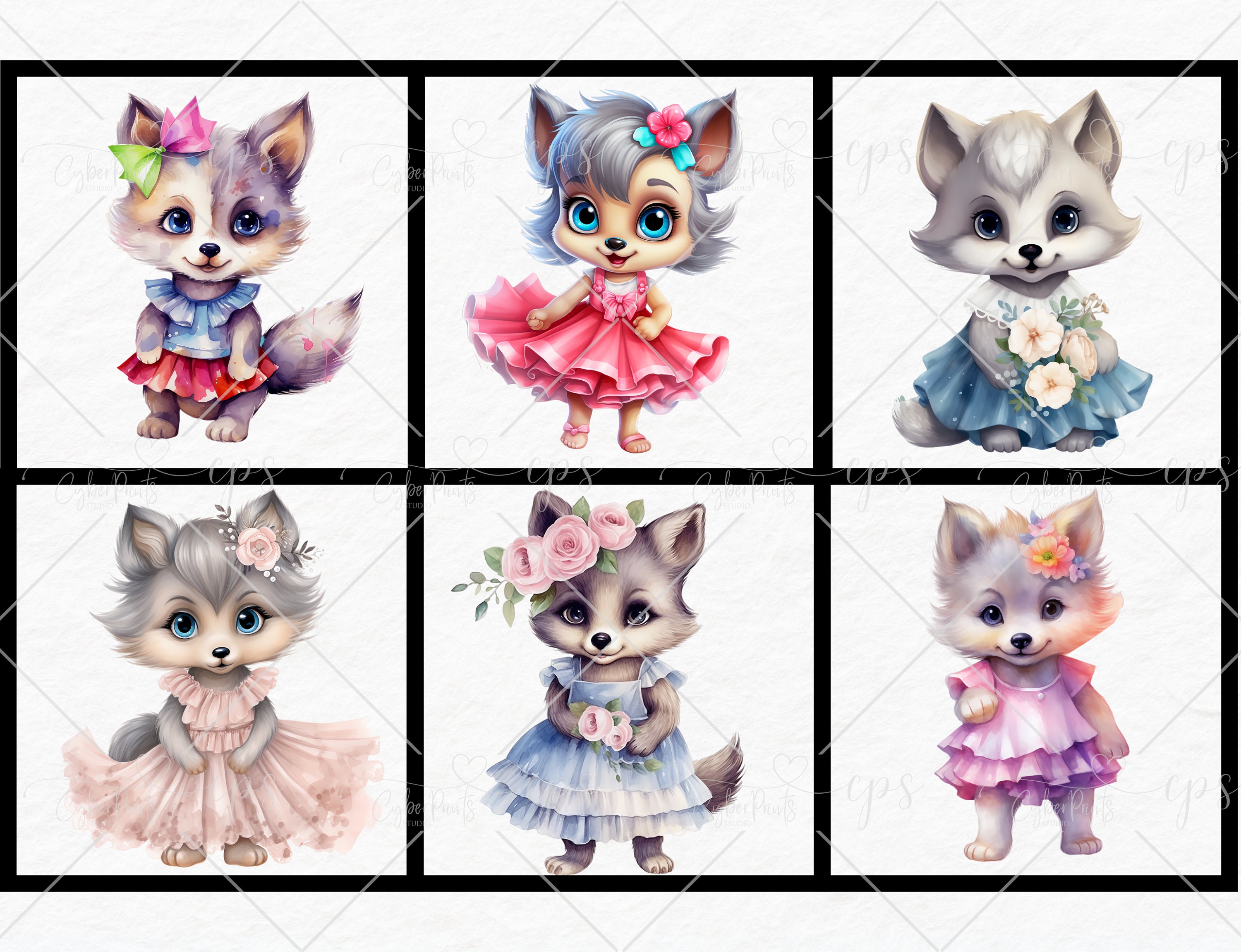 Watercolor Cute Wolf in Dress Clipart Cartoon PNG Wolves - Etsy