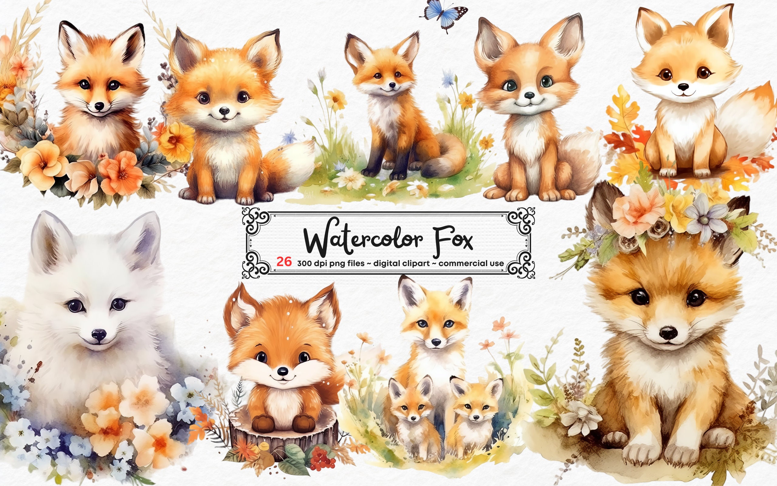 Watercolor Fox Clipart, Baby Fox Painted Foxes Clipart, Woodland Animal ...