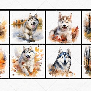 Watercolor Husky in Autumn, Autumn Husky, Fall Husky, Husky Halloween ...