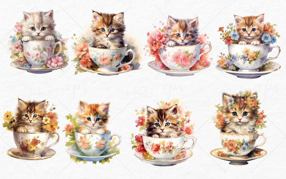 Watercolor Kitten in Teacup Clipart PNG Printable Floral Cat - Etsy
