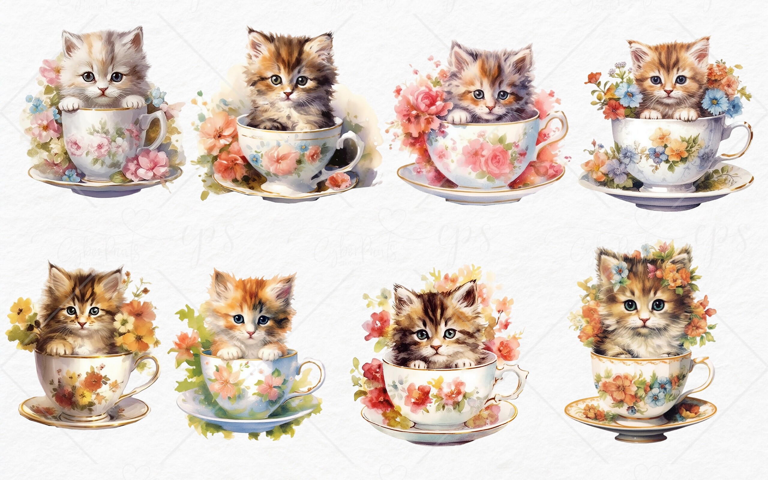 Watercolor Kitten in Teacup Clipart PNG Printable Floral Cat Tea Party ...