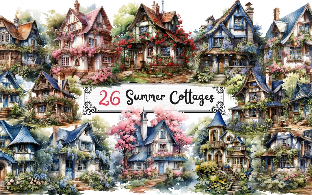 Watercolor Summer Cottages Clipart - Summertime Houses PNG Format ...