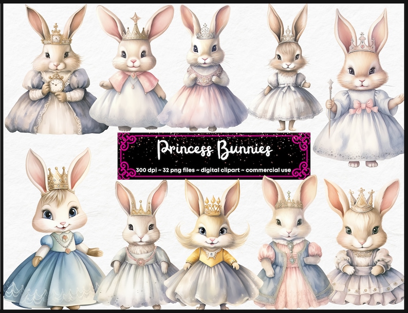 Princess Bunnies Watercolor Clipart Png Rabbit Bunny Png - Etsy