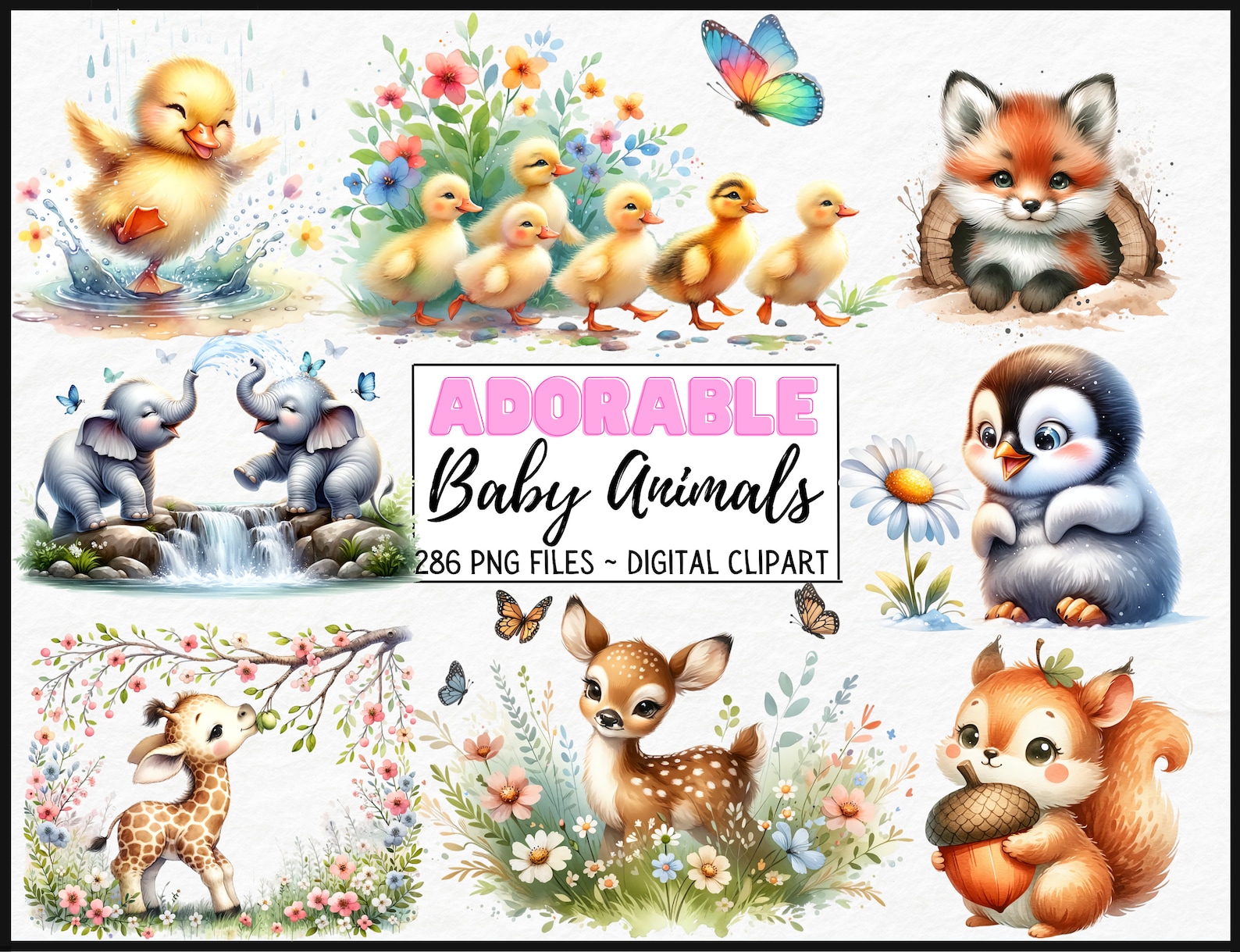 Cute Baby Animals Clipart, Spring PNG, Watercolor Forest Animals Png ...