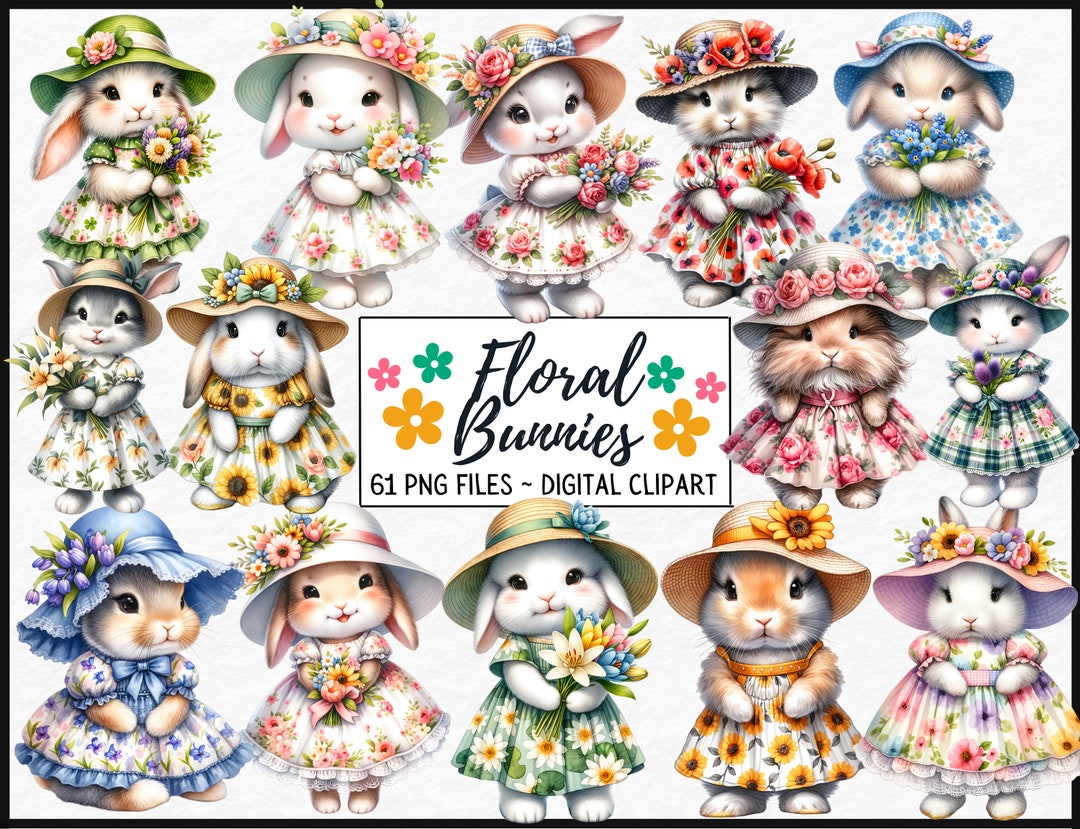 Floral Bunnies in Dresses, Watercolor Clipart Png, Rabbit, Bunny Png ...