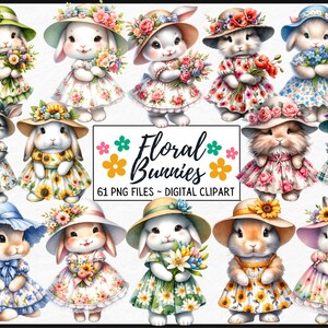Floral Bunnies in Dresses, Watercolor Clipart Png, Rabbit, Bunny Png ...