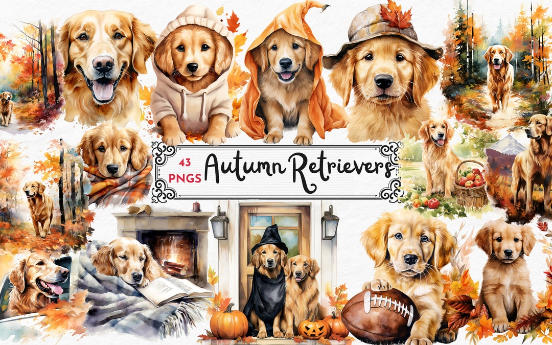 Watercolor Golden Retrievers, Autumn Golden Retriever, Fall Retirver ...