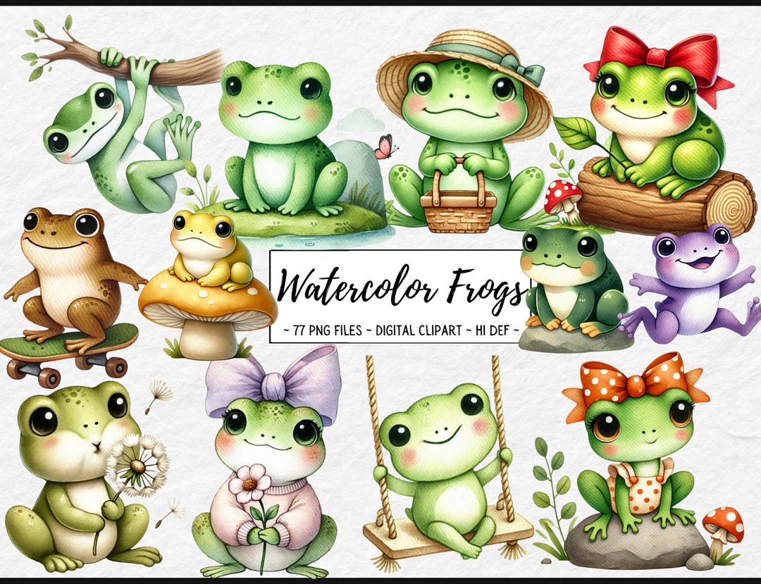 Cute Watercolor Frog Clipart PNG Bundle - 77 Digital Files for Crafts ...