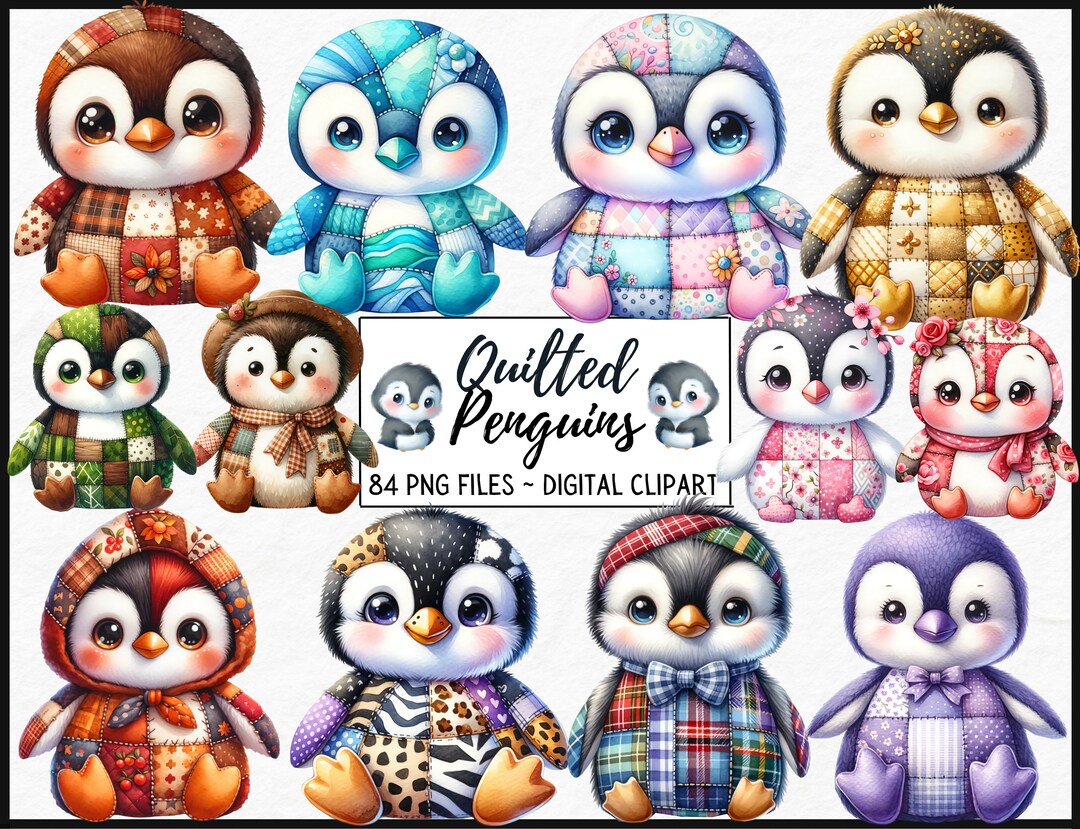 Patchwork Quilted Penguin, Stuffed Animal, Nursery Art, Cute Adorable Penguins, Fantasy, Instant ...
