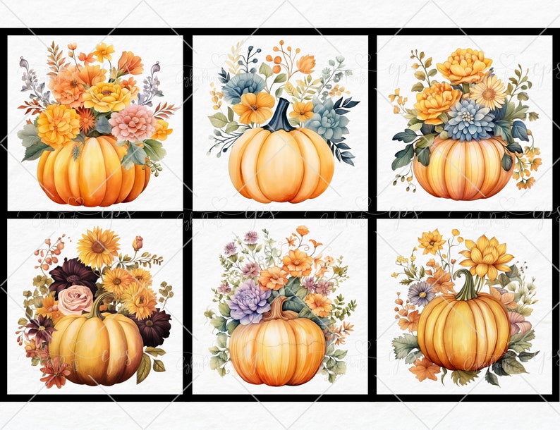Watercolor Floral Pumpkin Bouquets Clipart - Autumn Watercolor in PNG ...