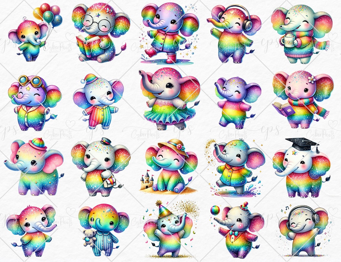 Rainbow Elephant Clipart - Cute Watercolor Elephants PNG - Digital ...