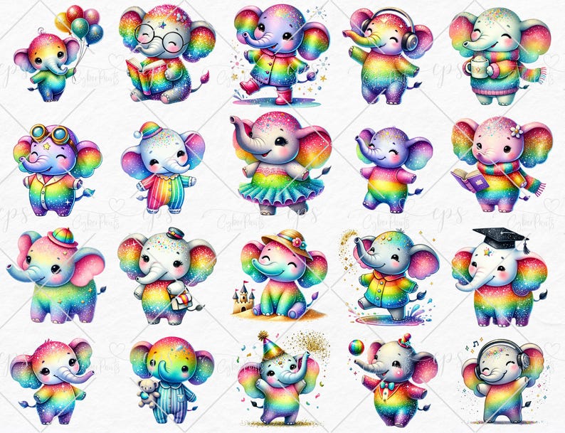 Rainbow Elephant Clipart - Cute Watercolor Elephants PNG - Digital ...