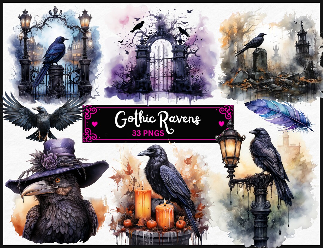 Watercolor Gothic Ravens Clipart - Dark Fantasy Watercolor Witch PNG ...