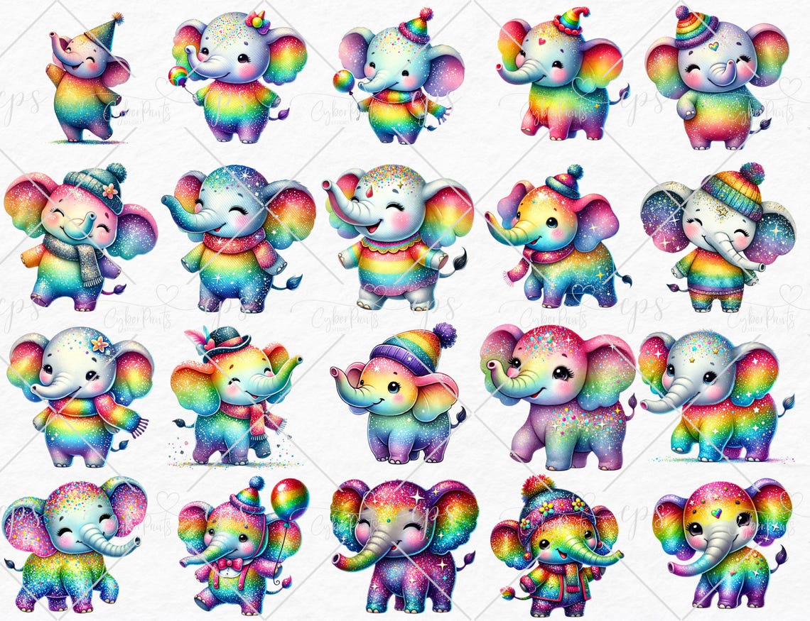 Rainbow Elephant Clipart - Cute Watercolor Elephants PNG - Digital ...