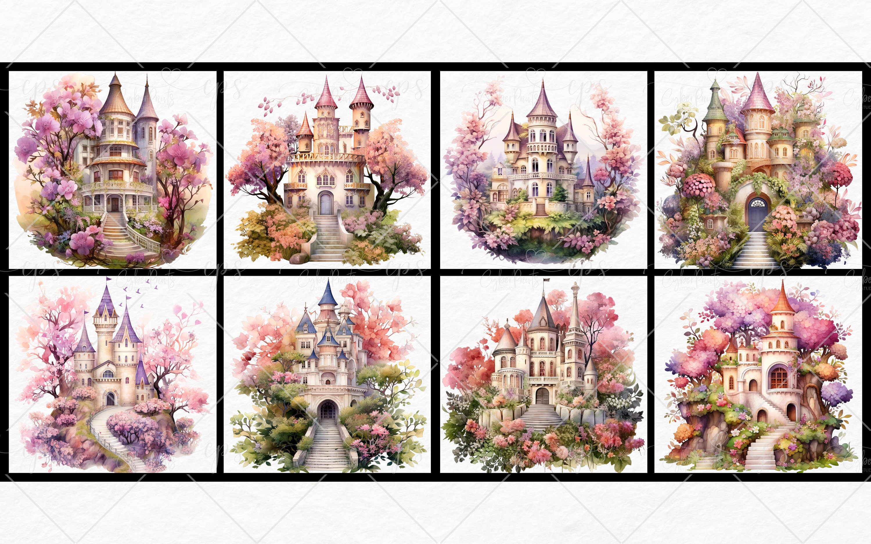 Watercolor Floral Fantasy Castles Clipart Fantasy Castle Night Scenery ...
