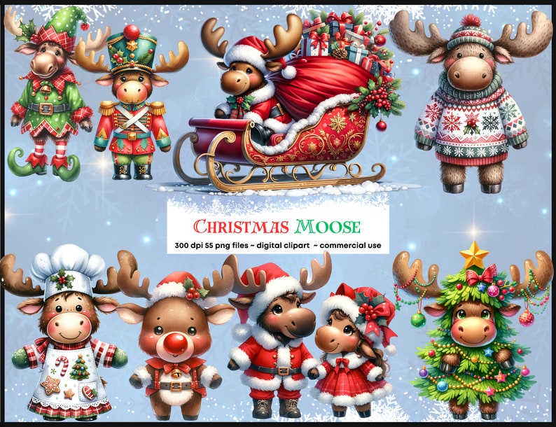 Christmas Moose PNG Clipart, Watercolor Winter Moose Holiday Bundle ...