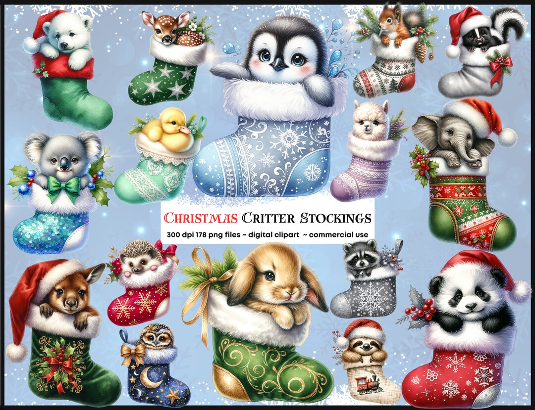 Christmas Critter Stockings, Cute Watercolor Xmas Animals, Holiday ...