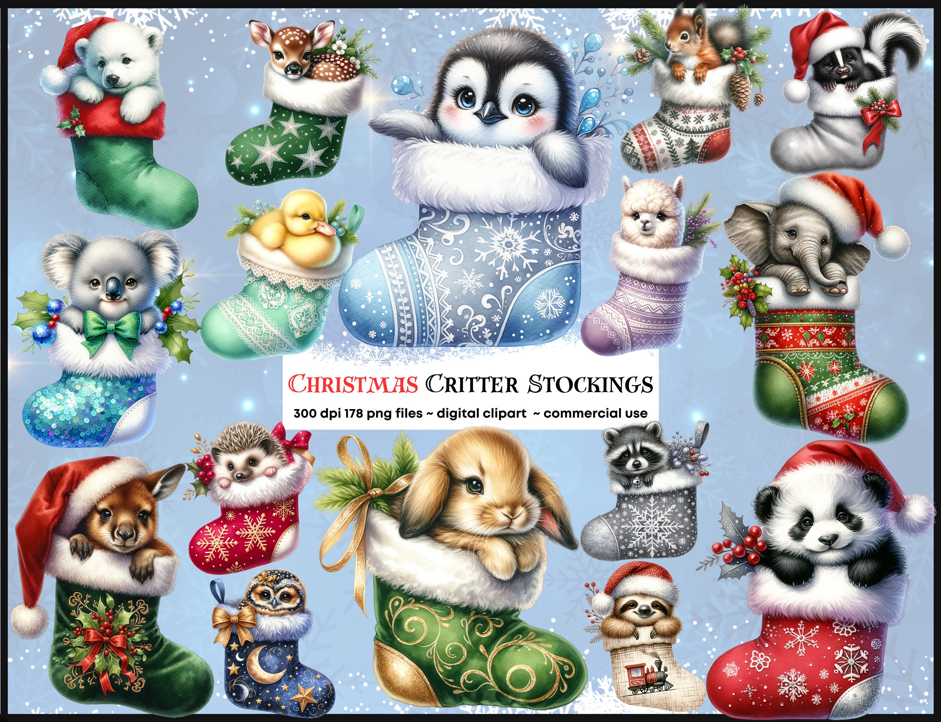 Christmas Critter Stockings, Cute Watercolor Xmas Animals, Holiday ...