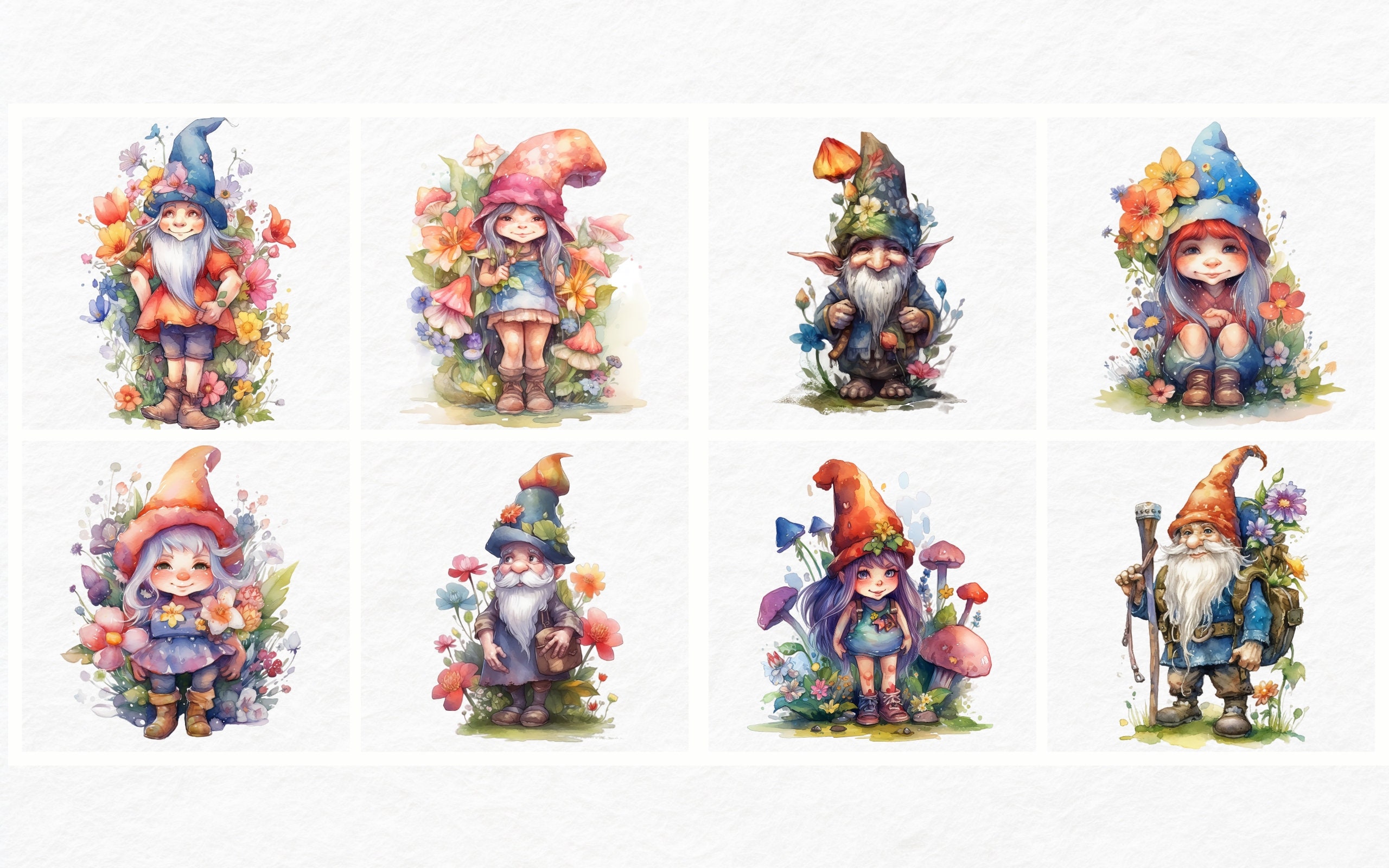 Watercolor Garden Gnomes Fantasy Floral Spring Clip Art Graphics in PNG ...