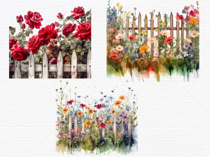 Watercolor Garden Fence Clipart, Spring Flowers PNG, Instant Download ...
