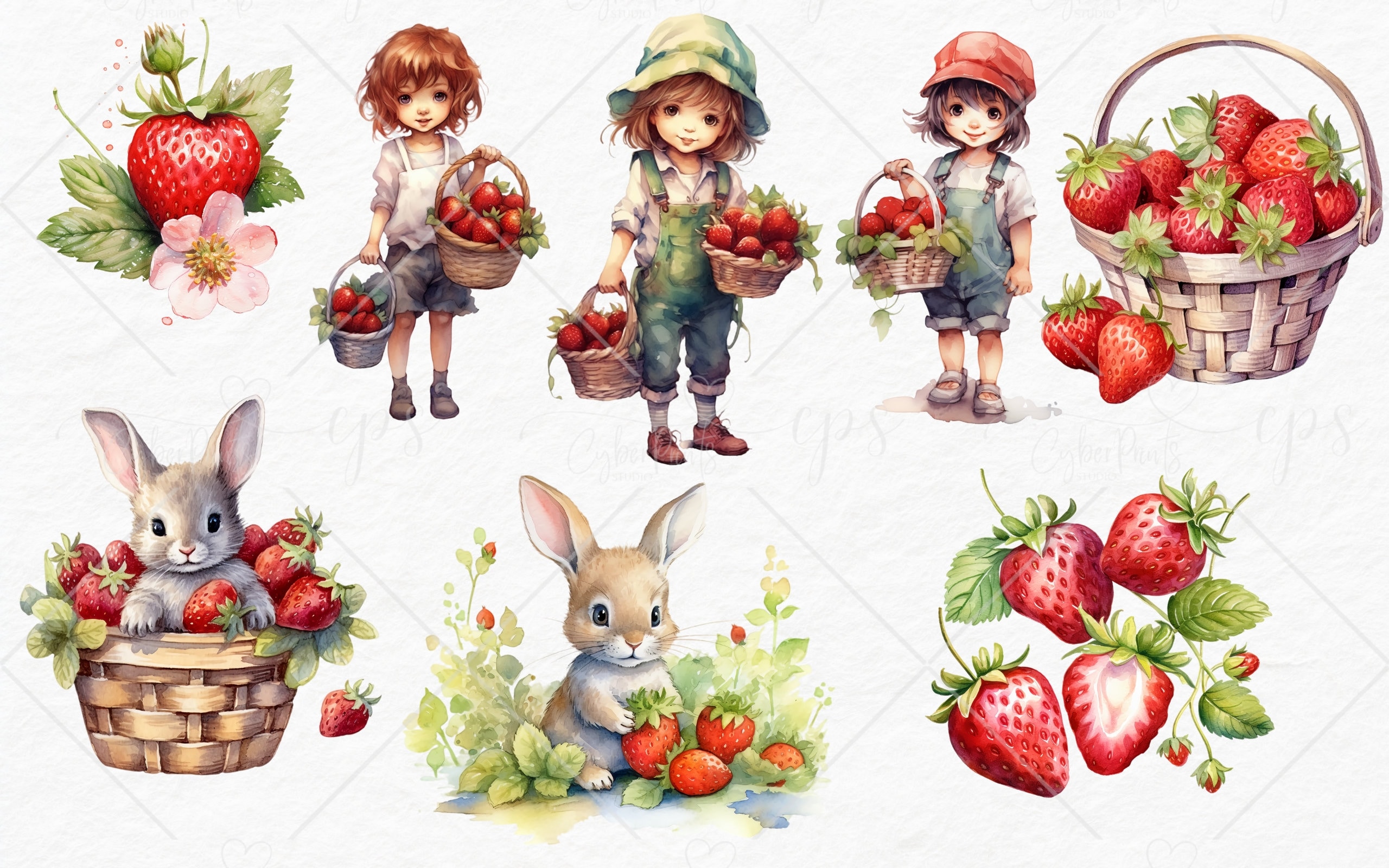 Watercolor Strawberries Clipart Instant Download Commercial - Etsy