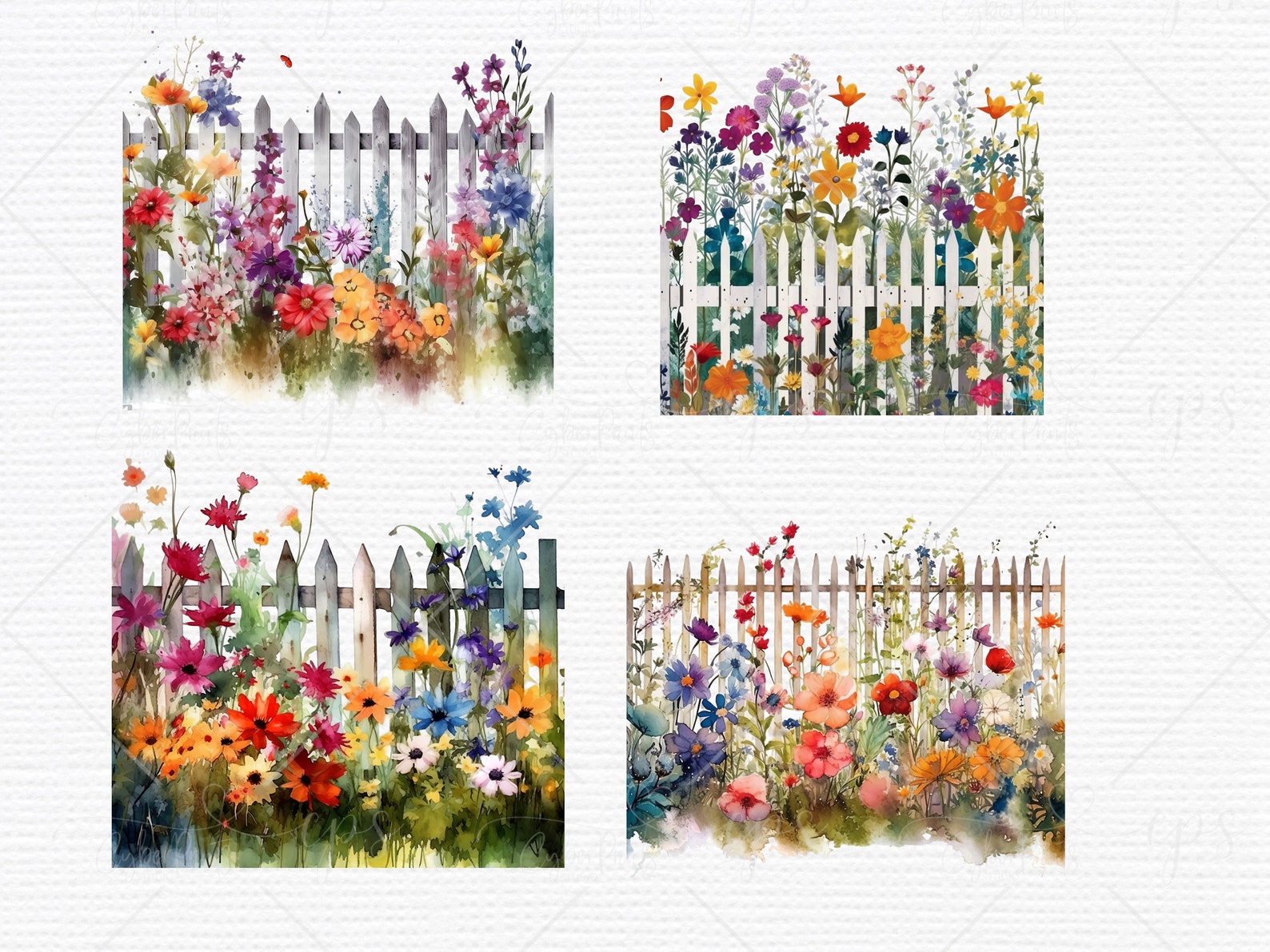 Watercolor Garden Fence Clipart, Spring Flowers PNG, Instant Download ...