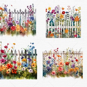 Watercolor Garden Fence Clipart, Spring Flowers PNG, Instant Download ...
