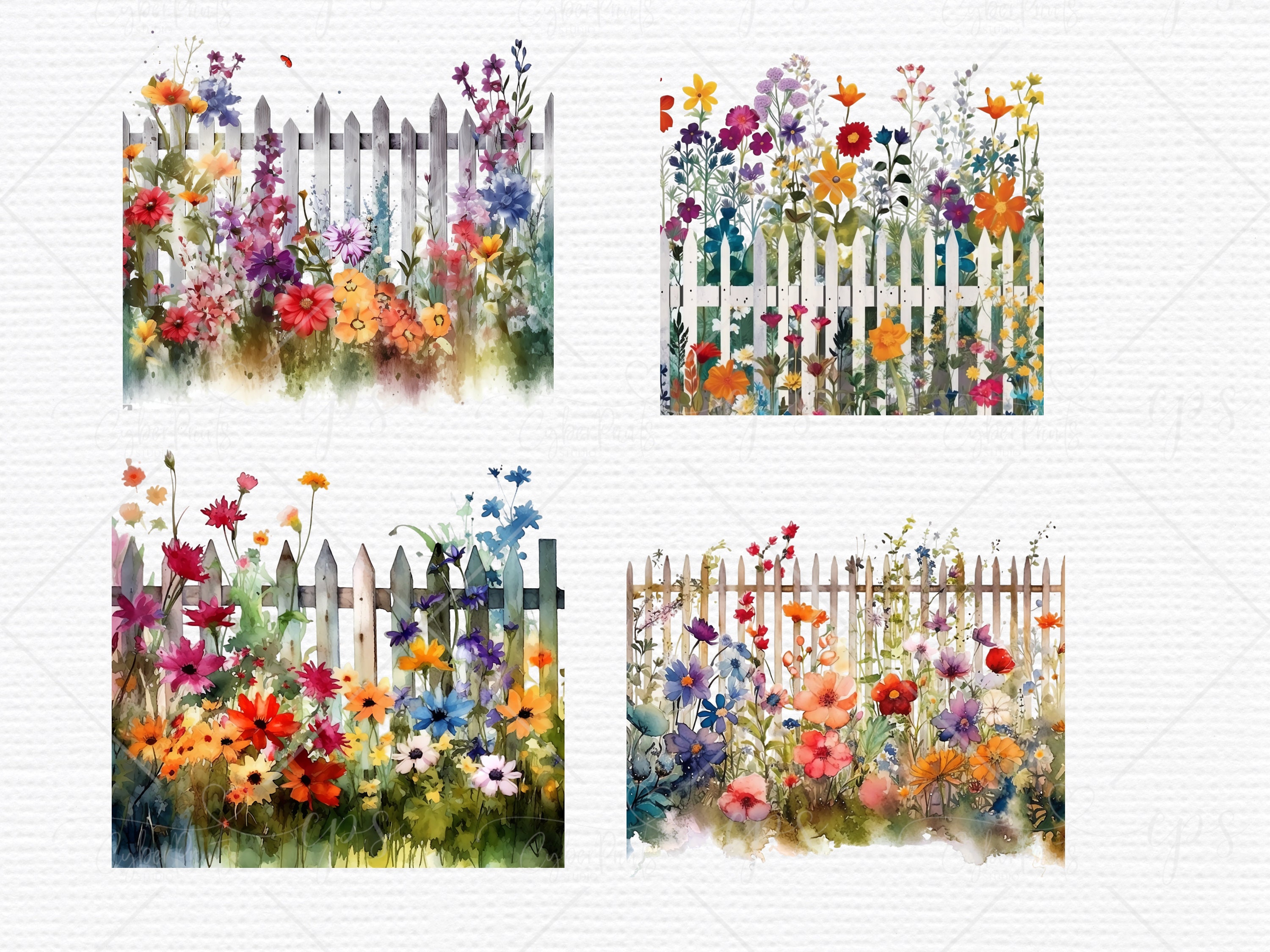 Watercolor Garden Fence Clipart, Spring Flowers PNG, Instant Download ...