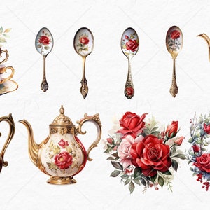 Watercolor Rose Tea Clipart, Rose Tea Cups, Garden Tea Clip Art PNG ...
