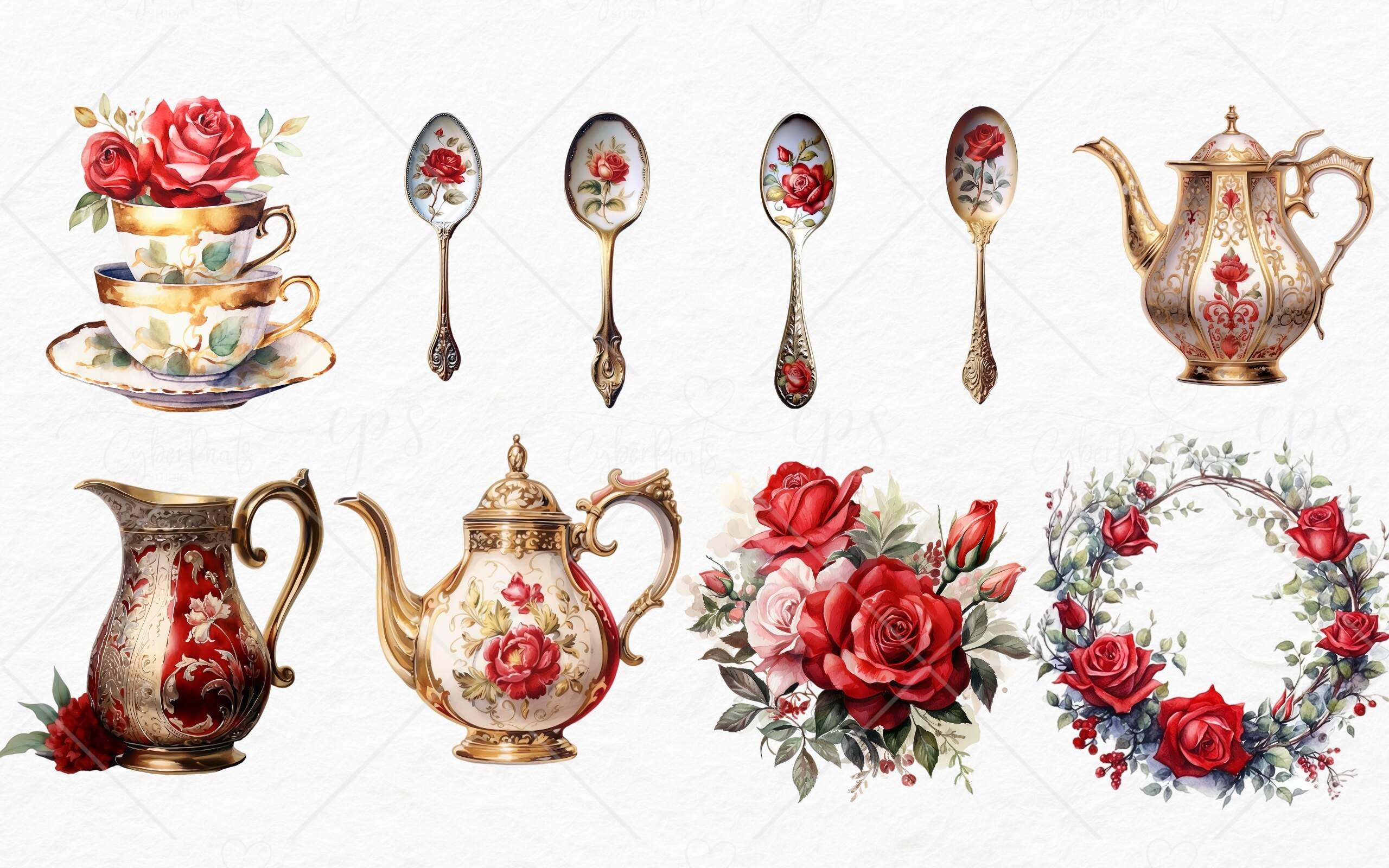 Watercolor Rose Tea Clipart Rose Tea Cups Garden Tea Clip - Etsy