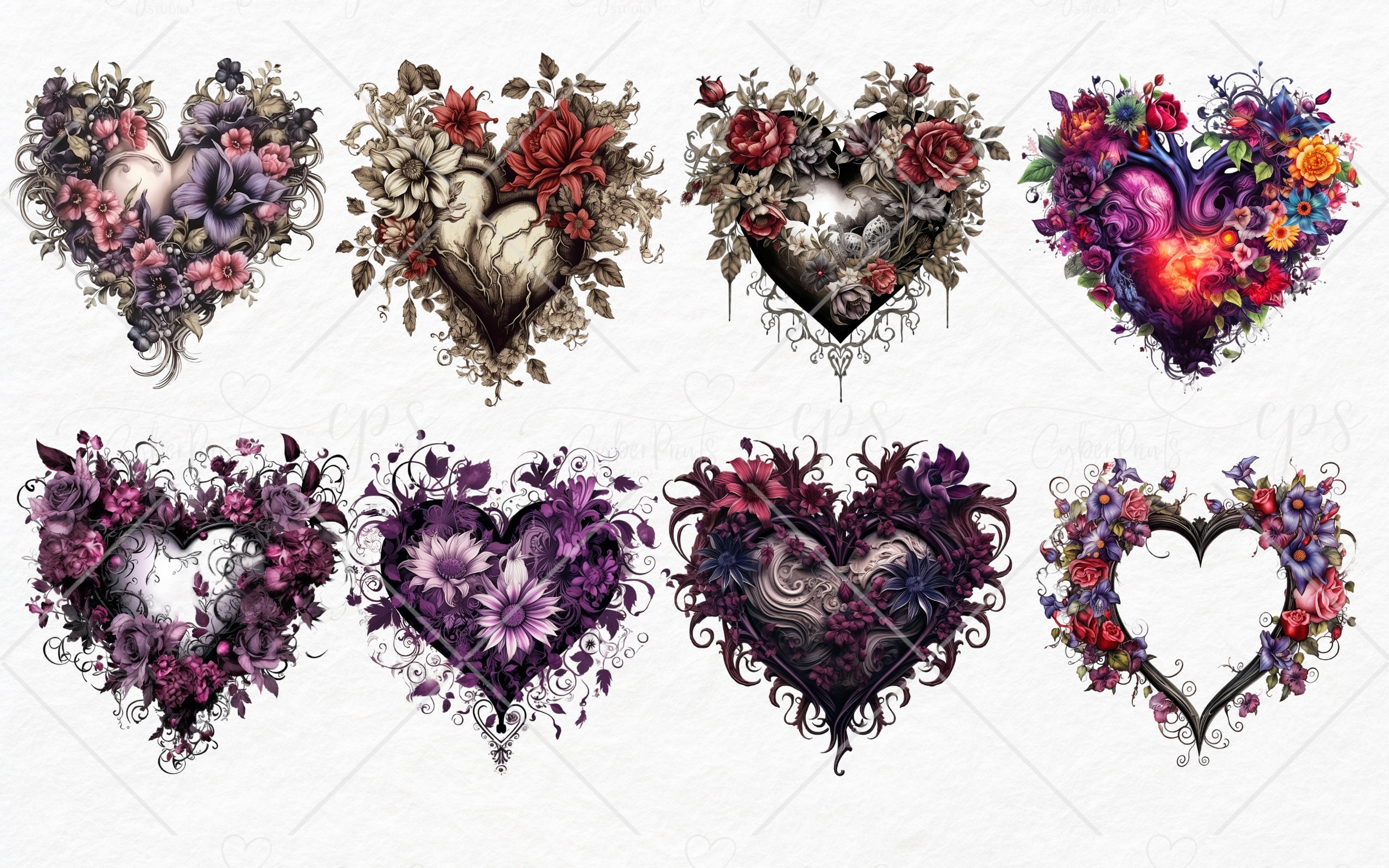 Gothic Floral Hearts Clipart, Gothic Flower Heart Valentine ...